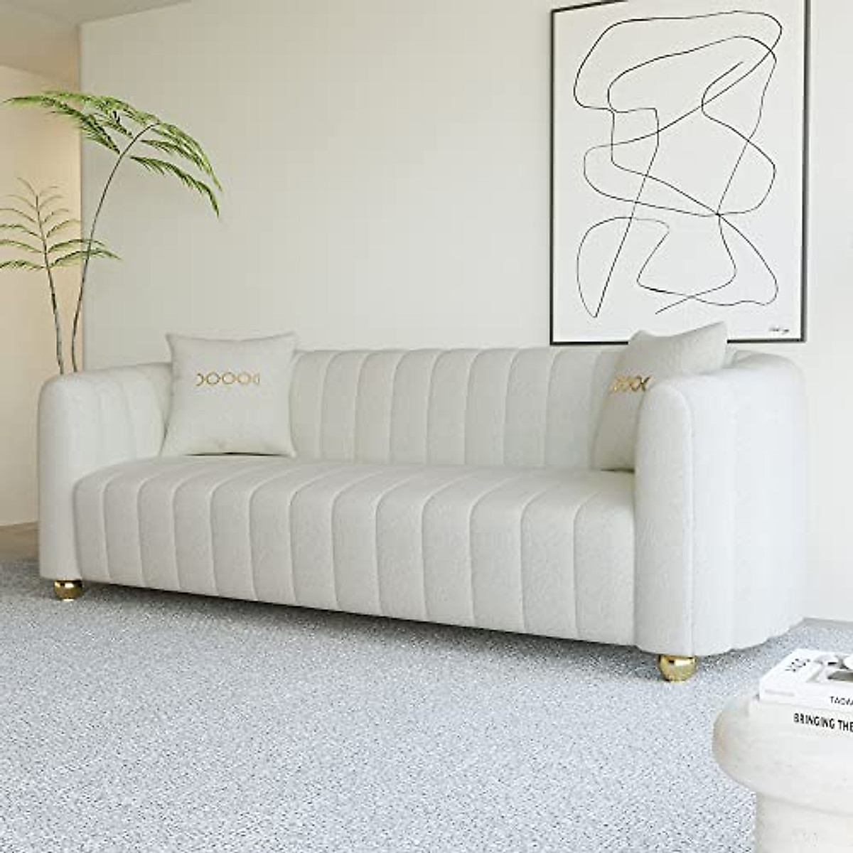 Lkvkvri 83 inch White Velvet Couch Wide Modern Loveseat Chesterfield 3-Seat Couch Sofa 750 lbs Weight Capacity with 2 Throw Pillows for Living Room