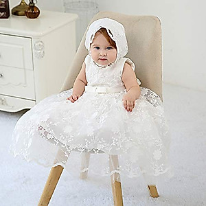 Meiqiduo Baby Girls Lace Christening Baptism Gowns Dresses with Bonnet