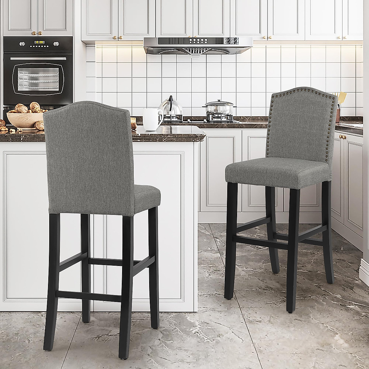 LSSBOUGHT Bar Stools Set of 2, 29 Inch Upholstered Fabric Barstool with Back Solid Wood Legs Nail Head, Bar Chairs for Home Kitchen Island Dinning Room, Grey