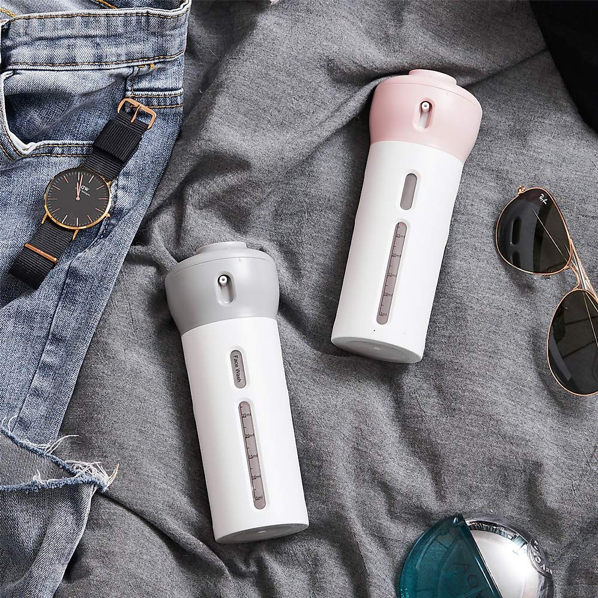 2 Pieces 4 in 1 Travel Dispenser Shampoo Lotion Gel Set Leak-proof Travel Containers Bottles For Toiletries Body Wash Liquid Cream TSA Approved , Grey/Pink (pink+gray)