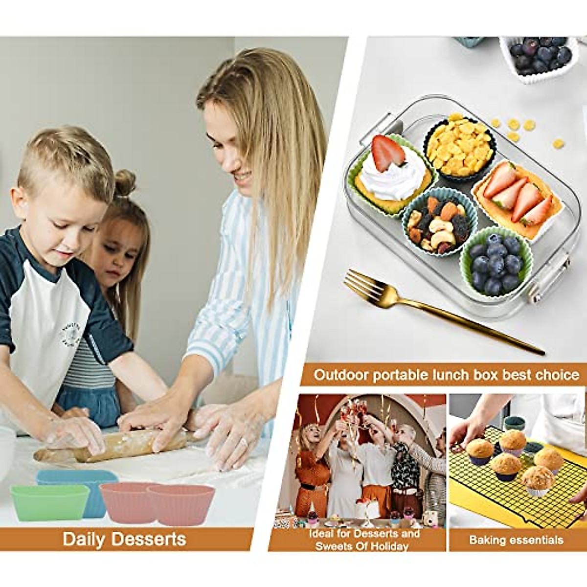 Silicone Cupcake Liners for Baking, 56Pcs Multicolor Reusable Non-Stick Silicone Lunch Box Dividers -3 Shapes Silicone Muffin Cups Bento Lunch Box Dividers - Non-Toxic, BPA Free, Dishwasher Safe