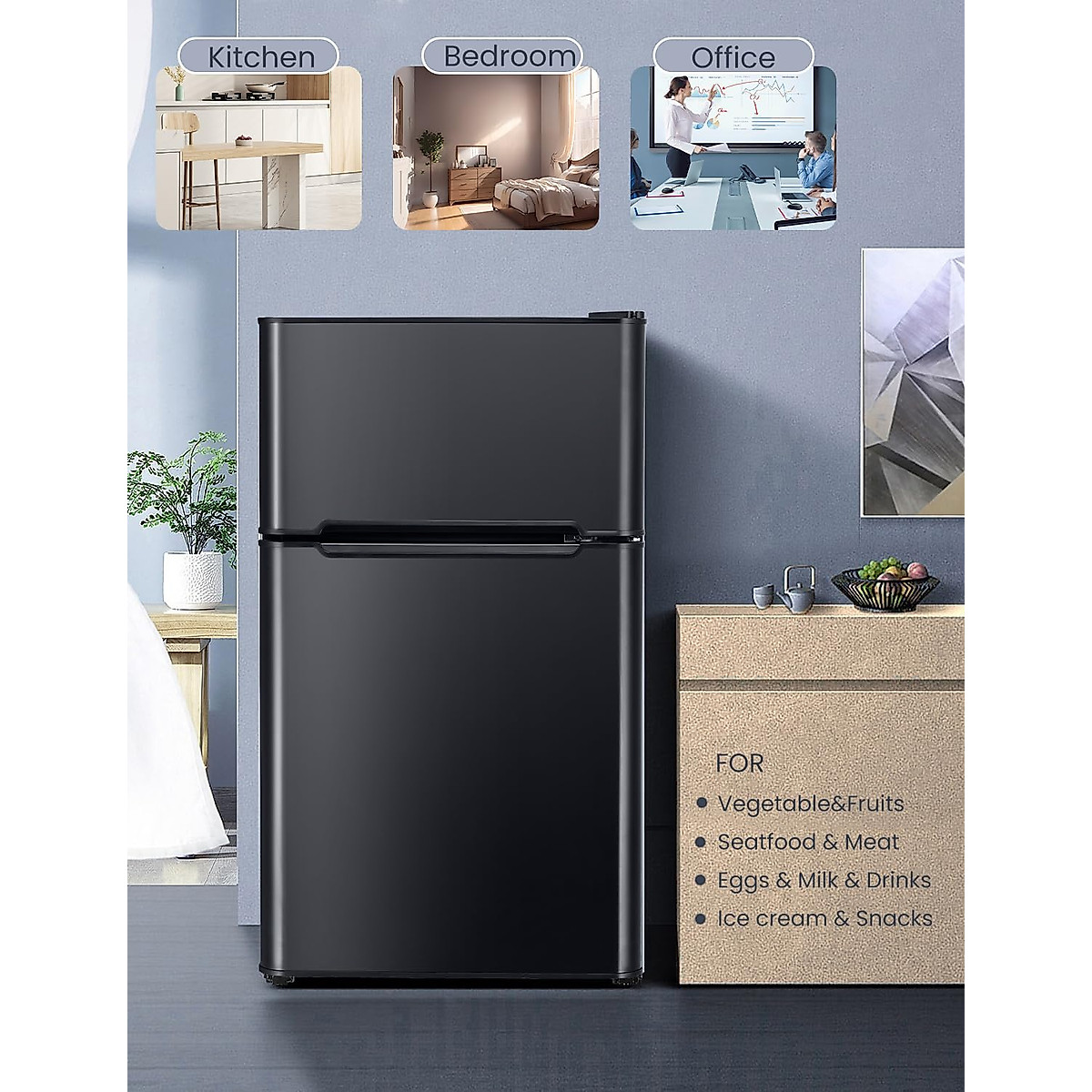 NAFORT Mini Fridge with Freezer 3.2 cu ft. 2-Door Freezer Cooler Refrigerator with Reversible Door, Removable Glass Shelves&Drawer, Mechanical Control, Recessed Handle for Dorm, Office, Apartment