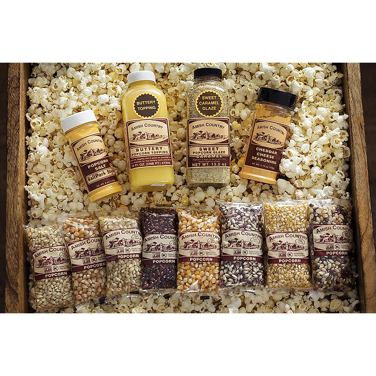 Amish Country Popcorn | 8-4 Ounce Variety Gift Set with Buttery Topping, Sweet Caramel Glaze, Ballpark Salt & Cheddar Cheese Seasoning | Old Fashioned, Non-GMO and Gluten Free