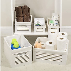 Wooden Storage Bin Container - Decorative Closet, Cabinet and Shelf Basket Organizer Lined with Machine Washable Soft Linen Fabric - White, Small