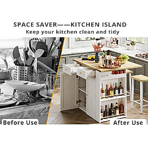 IRONCK Kitchen Island with Storage, with 2 Stools, Ample Storage Space with Power Strip, Large Countertop with Drop-Leaf Design, 2-Door Cabinet and 5 Open Side Racks/2 Utility Drawers, White