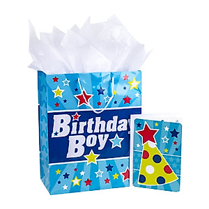 Hallmark 13" Large Gift Bag with Birthday Card and Tissue Paper (Blue with Stars, Birthday Boy)