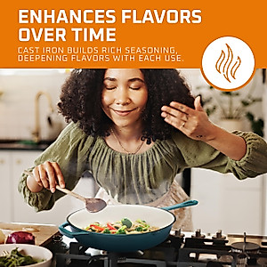 Bruntmor Cast Iron Pan 25cm - Cast Iron Skillet with Pour Spout, Round Frying Pan - Cast Iron Cookware, Crock Pot - Cooking Tools & Kitchen Essentials - Teal