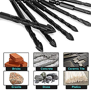 10PCS Masonry Drill Bit Set, 3/16”-1/2” Concrete Drill Bits for Tile Brick Glass Plastic, Tungsten Carbide Tip Drill Bit Work with Wood, Ceramic Tile, Wall Mirror, 1/4" Hex Shank, Black