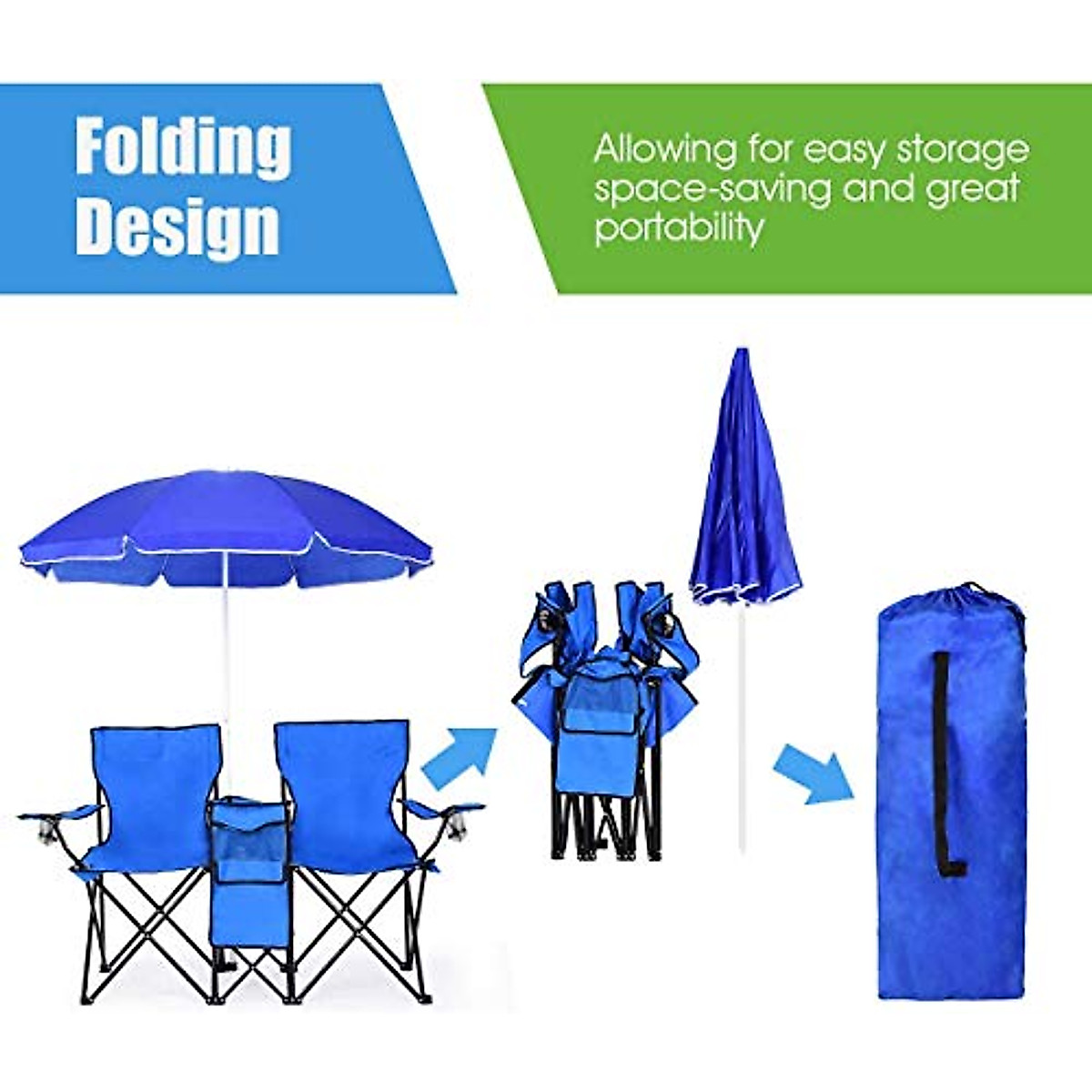 ReunionG Double Portable Camping Chairs, Blue 60D x 20.5W x 35H Inch