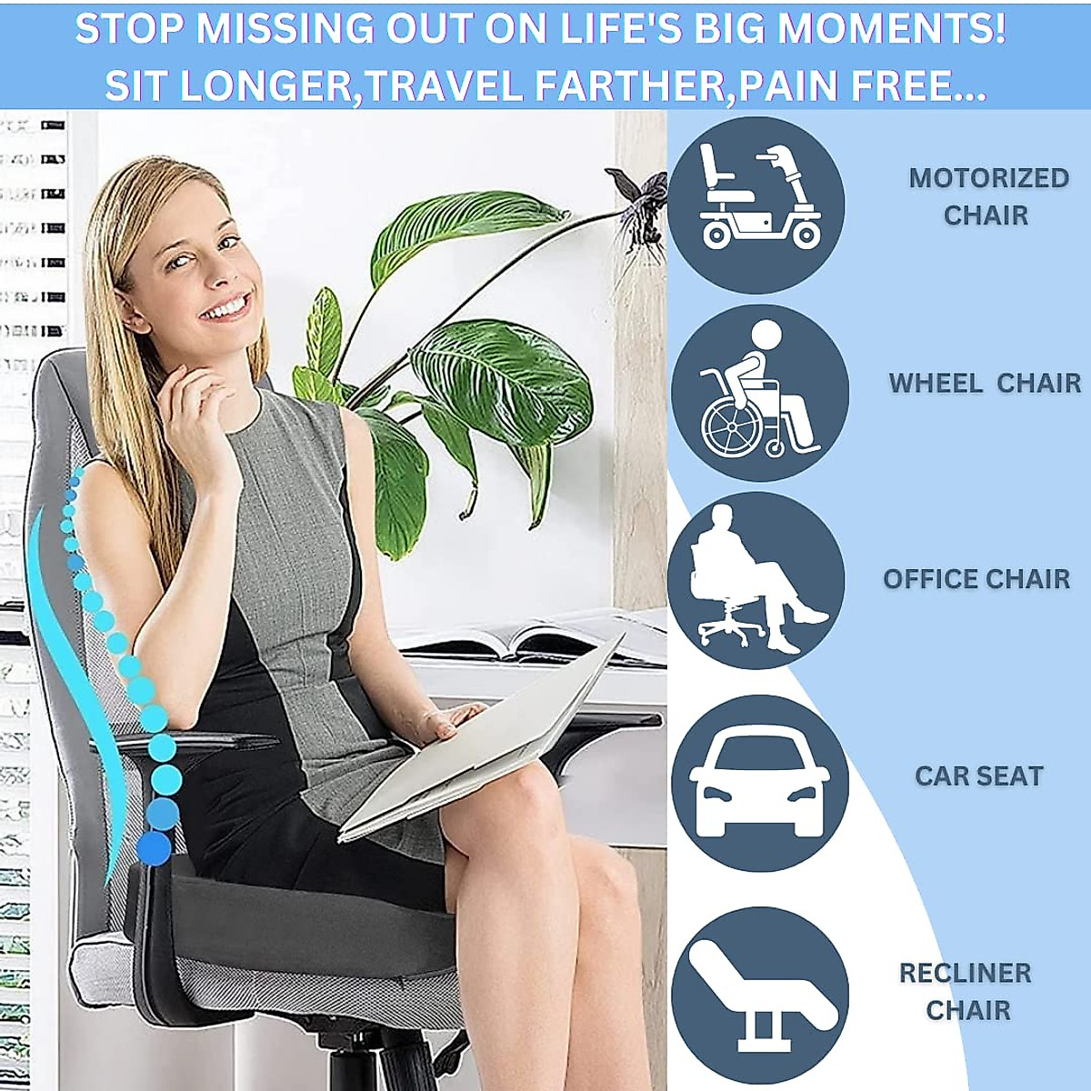 BLCOMFORT Seat Cushion for Desk Chair Gel Infused Pillow-Coccyx, Sciatica, Lumbar Support, Lower Back, Tailbone and Hemorrhoid-Washable Cover-Ideal for Work, Driving, Hard Surface and Flight Chair