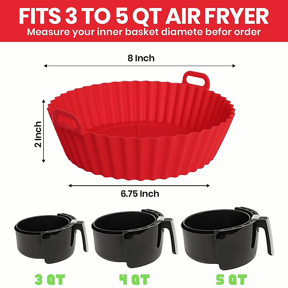 Silicone Air Fryer Liners,Replaces Flammable Parchment Paper, Air Fryer Silicone Basket Non-Stick Safe & Easy to Clean,Reusable.(Top: 8inch, Bottom: 6.75inch, 2 Pack)