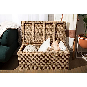 Wholestory Collective Handwoven Wicker 35" Banana Leaf Rattan Storage Trunk and Chest Seagrass XL Organizers with Lid, Natural Color with Handles