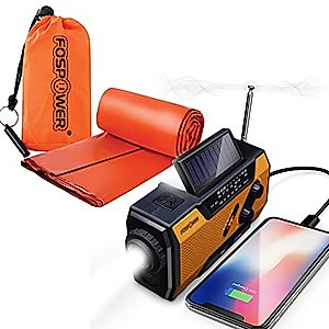 FosPower 2000mAh Emergency Weather Radio Portable Charger +Emergency Survival Shelter & Sleeping Bag Bivy Sack for Camping Accessories, Camping Gear, Survival Kit