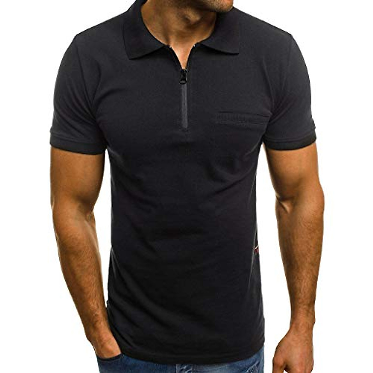 YOMXL Men's Casual Polo Shirt Summer Zipper Front Short Sleeve T-Shirt Classic Pocket Tee Tops Black