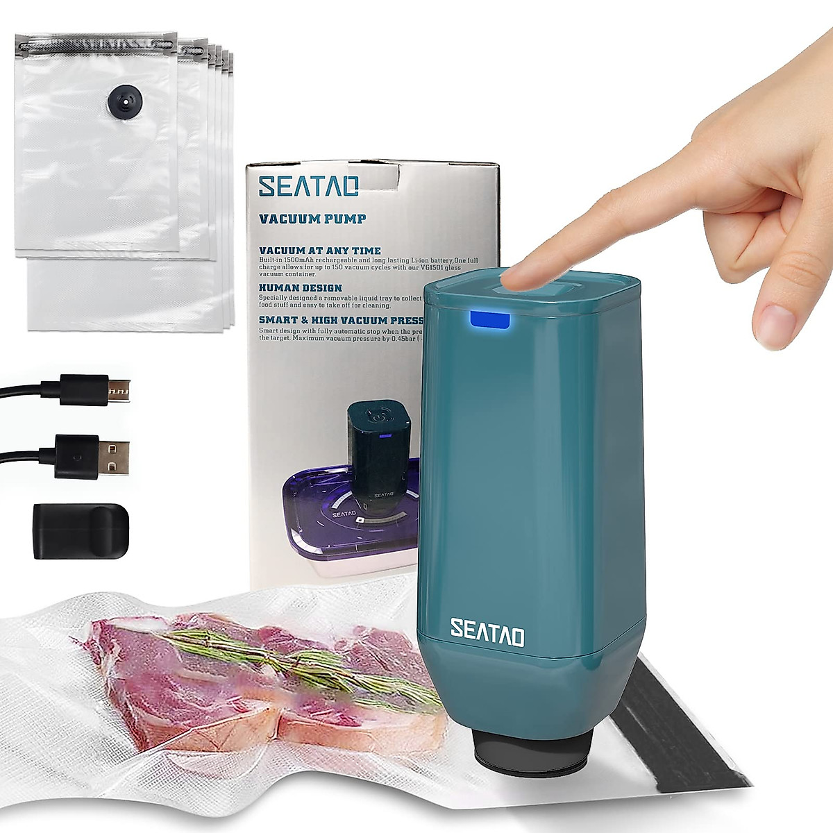 Sous Vide Bags,SEATAO Upgraded Electric Vacuum Sealer Rechargeable handheld vacuum sealer & reusable vacuum seal bags with 6 Vacuum Zipper Bags 1 sealing clips