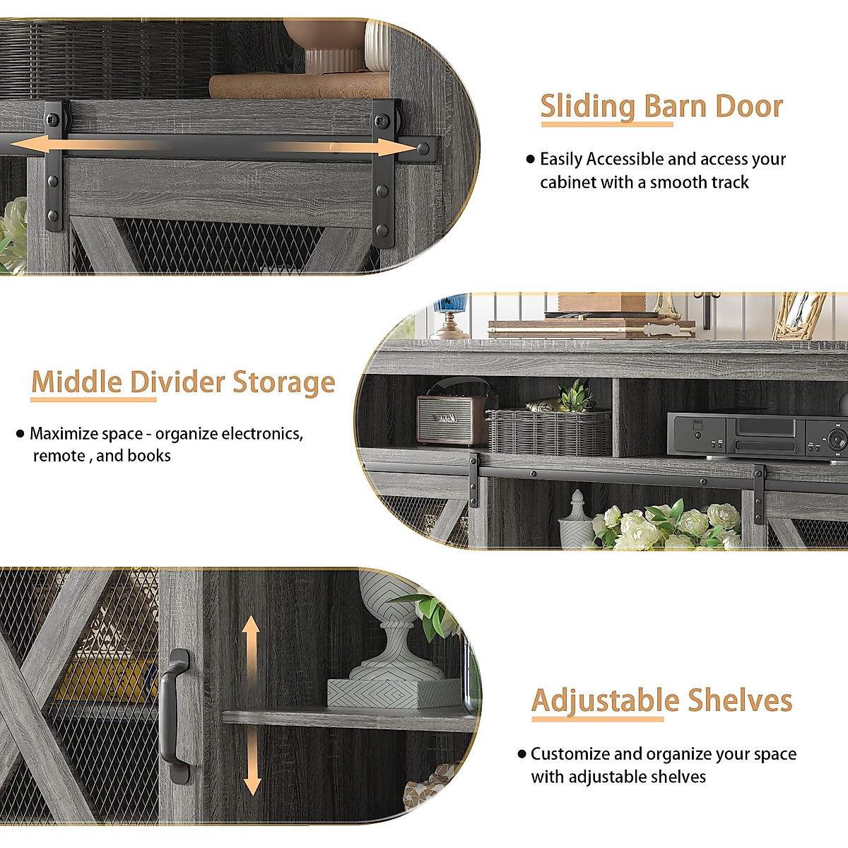 TOLEAD Farmhouse TV Stand for 65 inch TV Farmhouse Entertainment Center with Sliding Barn Doors Console Storage Cabinet for Living Room, Bedroom Grey