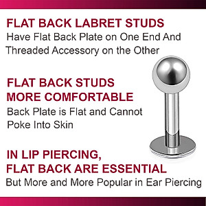 bodyjewellery 4pcs 16g Labret Lip Stud Monroe Cartilage Tragus Helix Earring Snake Bites Conch Spider Bites Piercing 3mm Ball - 6mm