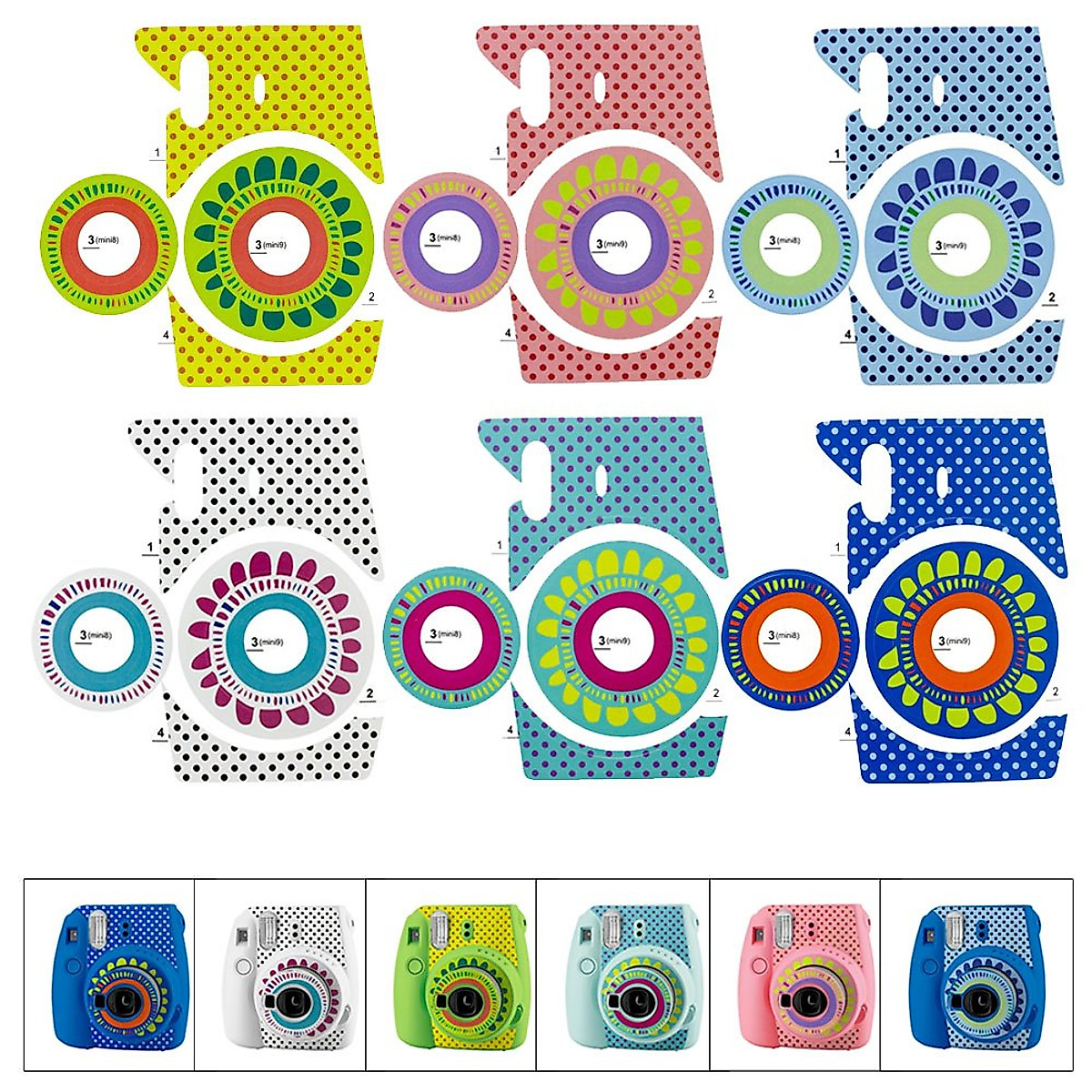 6 Decorative Camera Stickers Compatible with Your Fujifilm Mini Cameras – Color Variety: Light Blue, Pink, Purple, Turquoise, White, Yellow – Deluxe Bundle