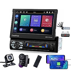 CarThree Single Din Apple Carplay Car Stereo with Bluetooth and Backup Camera, 7inch flip Out Touch Screen Car Radio MP5 Player Support Android Auto,Subwoofer Mirror Link,USB,TF,FM,Aux-in,SWC