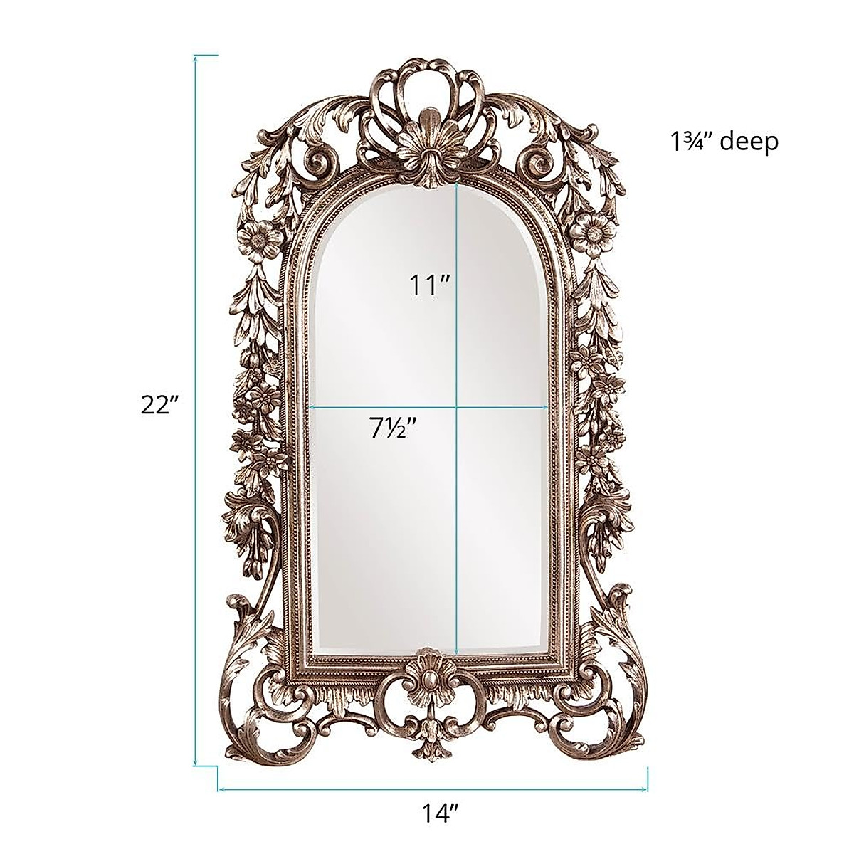Howard Elliott Sherwood Hanging Antique Accent Wall Mounted Mirror, Ornate Arched Mirror with Bevelled Edges and Silver Resin Frame, Arch Shape Mirror for Home, Living Room, Entryway, 14 x 22 Inch
