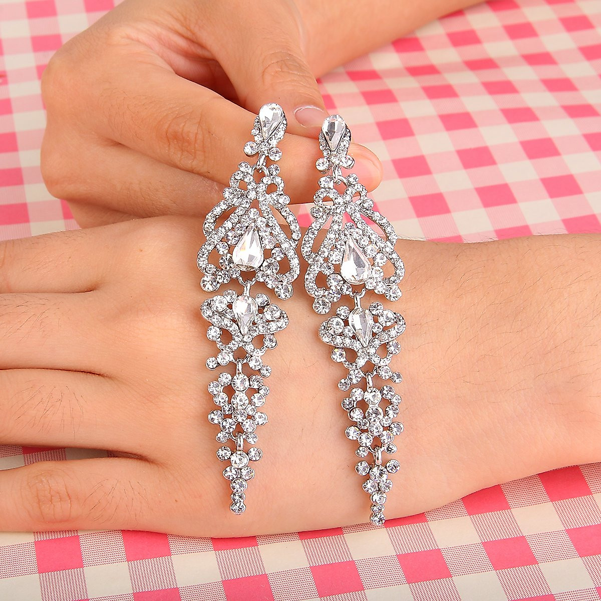BriLove Wedding Bridal Dangle Earrings for Women Crystal Cluster Teardrop Earrings Clear Silver-Tone