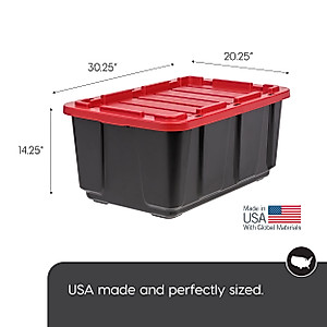 IRIS USA 27 Gallon Large Heavy Duty Storage Bins with Lids, 4 Pack - Made in USA, Snap On Lid Stackable Industrial Tough Totes, Rugged Tubs, Garage Organization, Rugged Reusable Boxes - Black/Red