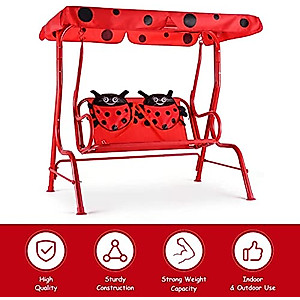 Fireflowery Kids Patio Swing, 2-Seater Outdoor Hanging Swing Bench w/Removable Canopy & Safety Belt, Porch Swing Lounge for Patio Garden Balcony Yard (Red Beetle)