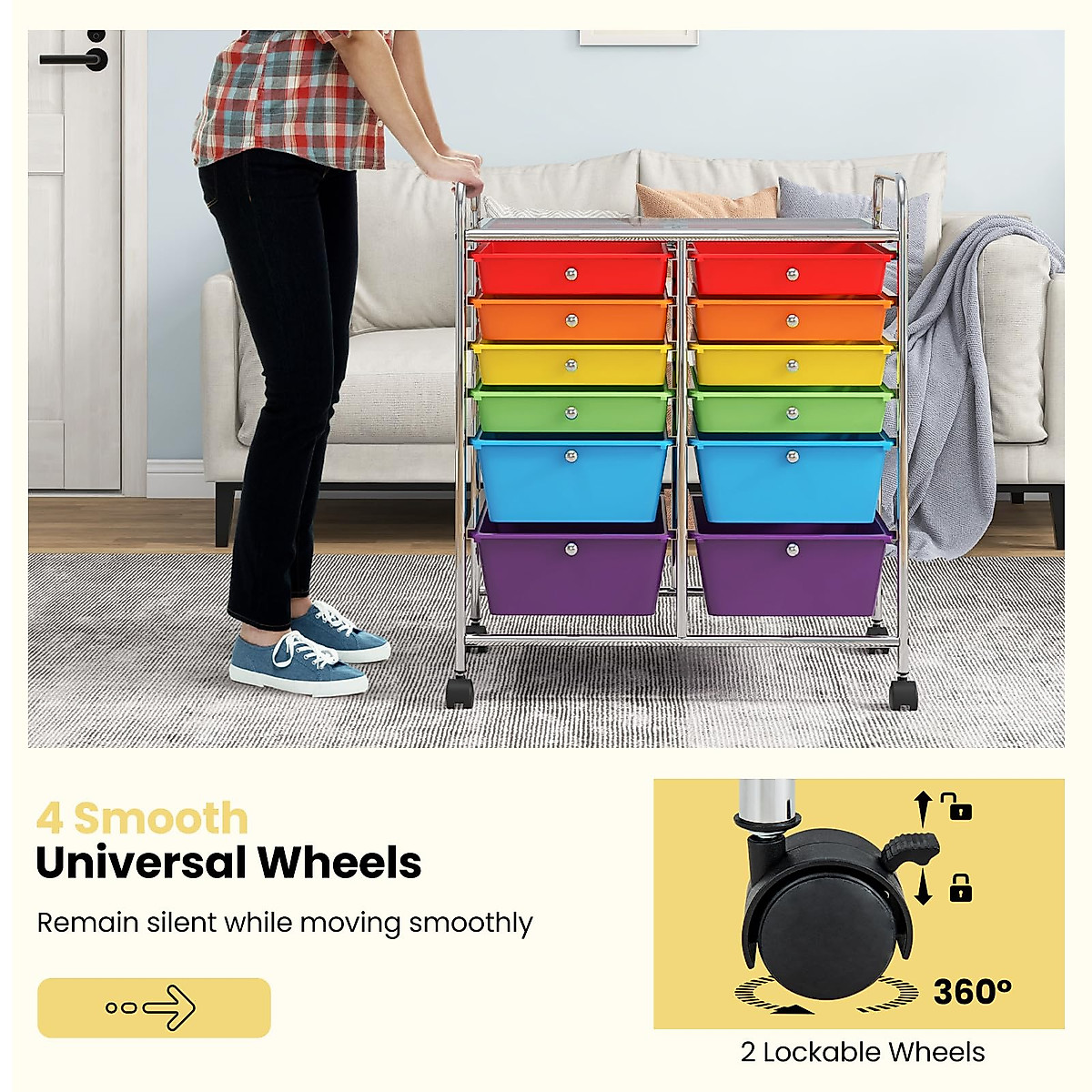 LDAILY 12 Drawer Rolling Storage Cart, Craft Cart Organizer on Wheels with Metal Frame, Large Capacity & Smooth Drawer, Rolling Cart with Drawers for Living Room, Classroom, Office (Multicolor)