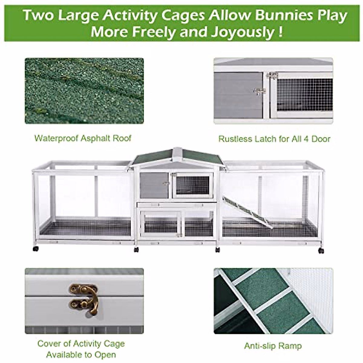 Esright Rabbit Hutch 94.5'' Bunny Cage Two Run Cage Outdoor Wooden Small Animal House on Run, with Removable Tray & Anti-Slip Ramp