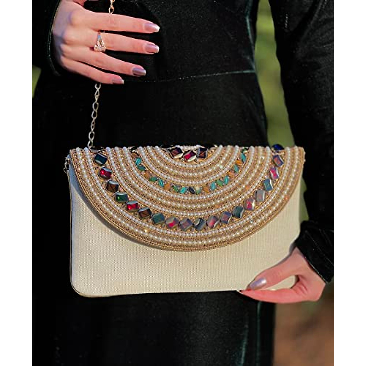 hiraeth official Women's Beaded Beige Gold Formal Clutch, Luxury Handmade Elegant Evening Bag