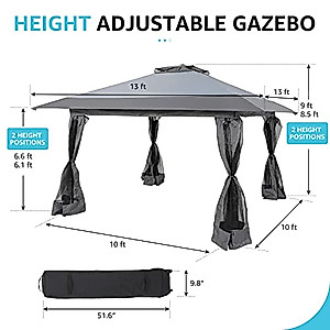 COBANA 13’x13’ Pop Up Gazebo, Outdoor Canopy Tent Shade with Metal Frame Mosquito Netting for Patio, Garden, Lawn, Backyard, Gray