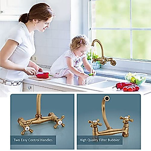 Aolemi Wall Mount Kitchen Faucet 6 Inch Center with Swivel Spout Adjustable Spread 2 Cross Handle Basin Sink Mixer Tap, Antique Brass, H&C Label