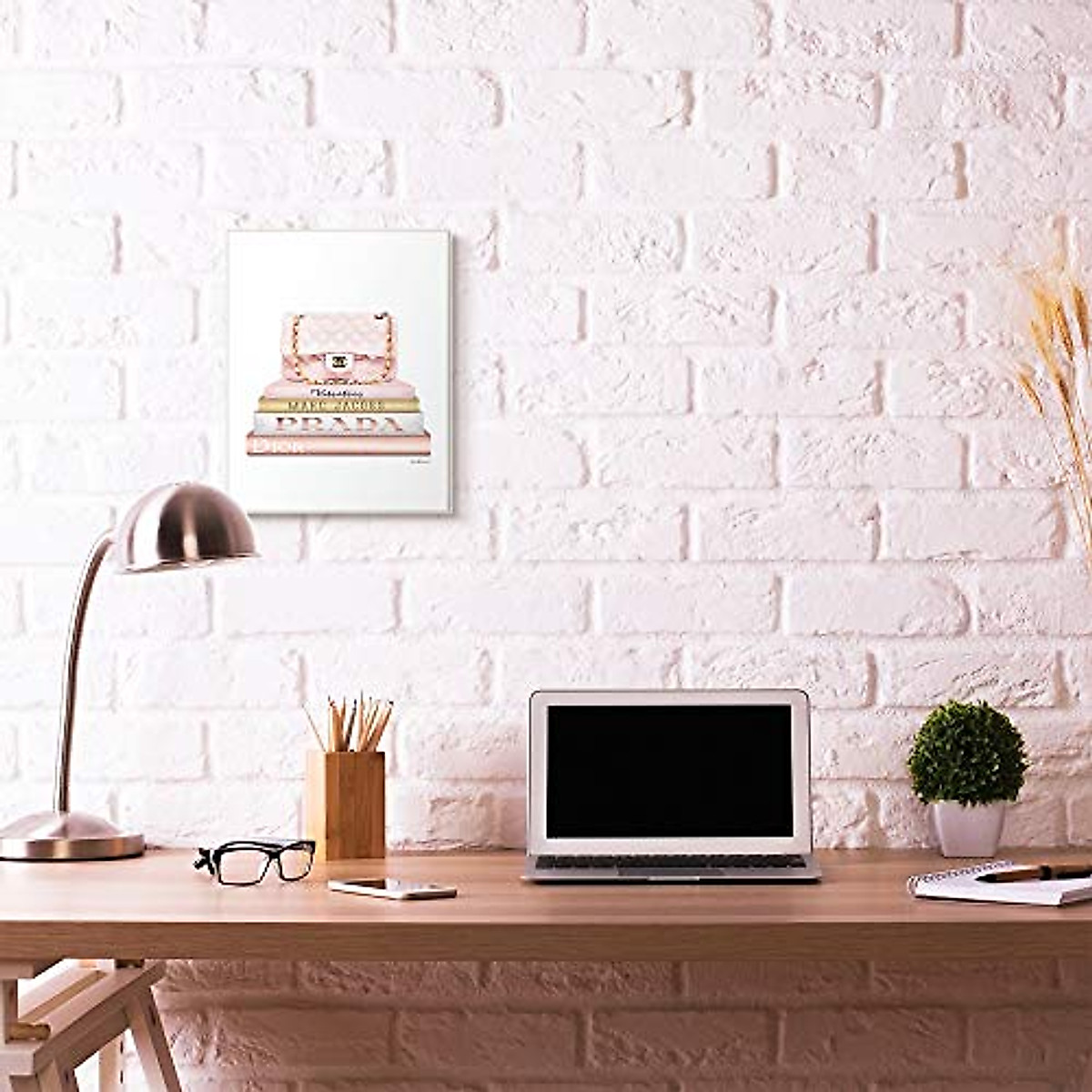 Stupell Industries Fashion Designer Purse Bookstack Pink White Gold Watercolor Wall Plaque Art, 13 x 19, Multi-Color