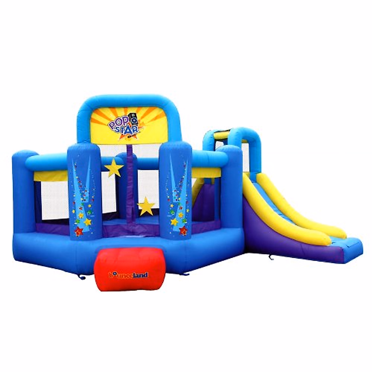 Bounceland Pop Star Inflatable Bounce House Bouncer, Large Bouncing Area with Long Slide, Climbing Wall, Basketball Hoop, UL 1HP Blower Included, 15 ft x 13 ft x 8.3 ft H, Pop Star Kids Party Theme