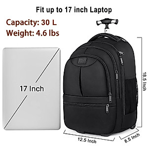 Rolling Backpack,Water Resistant Wheeled Travel Backpack,Laptop Backpack for Women Men,Carry on Luggage Backpack Fit 15.6 inch Notebook,Trolley Suitcase Business Bag College Student Computer Bag,Black