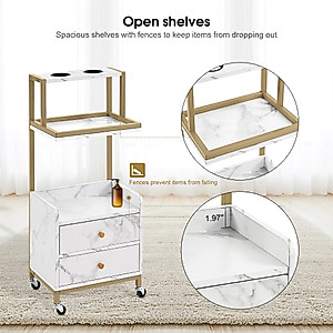BarberPub Salon Trolley with Wheels Rolling Barber Cart with Drawers Marbled Board for Beauty Salon Metal Frame with 2 Hair Dryer Holders 2044 (White)