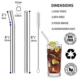 8 Pcs Reusable Glass Straws, 8"x8mm Eco-friendly Drinking Straws for Smoothie, Milkshakes, Tea, Juice, Cocktail Straws, Multi-Color Mixed (8Pcs Bent)