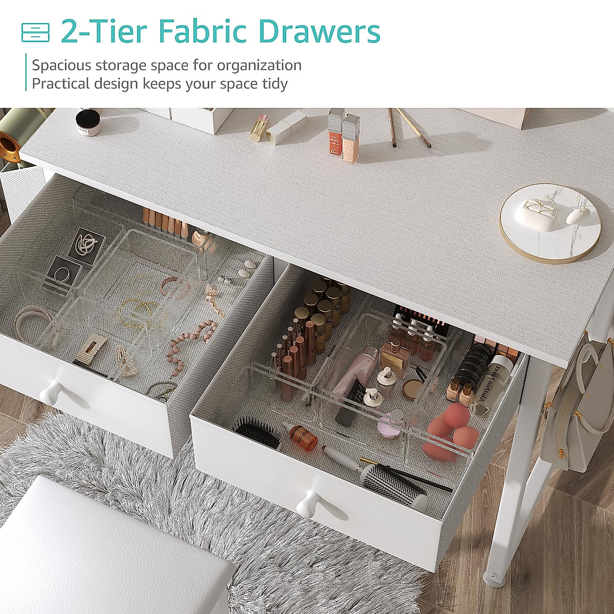 KAI-ROAD White Makeup Vanity Desk with Chair no Mirror, Small Vanity Table with Fabric Drawers, Power Outlet & Stool Without Mirror, Modern Make Up Desk Set for Bedroom