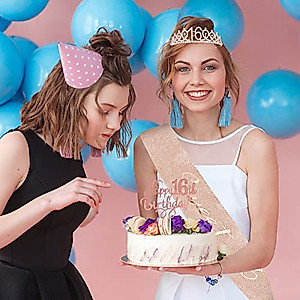 DASIGJID 16th Birthday Tiara & Sash for Girls, Rose Gold Happy Birthday Queen Princess Tiara with Combs for Girls, Queen Crystal Headbands for Hair Accessories,16th Birthday Decorations for Girls Prom