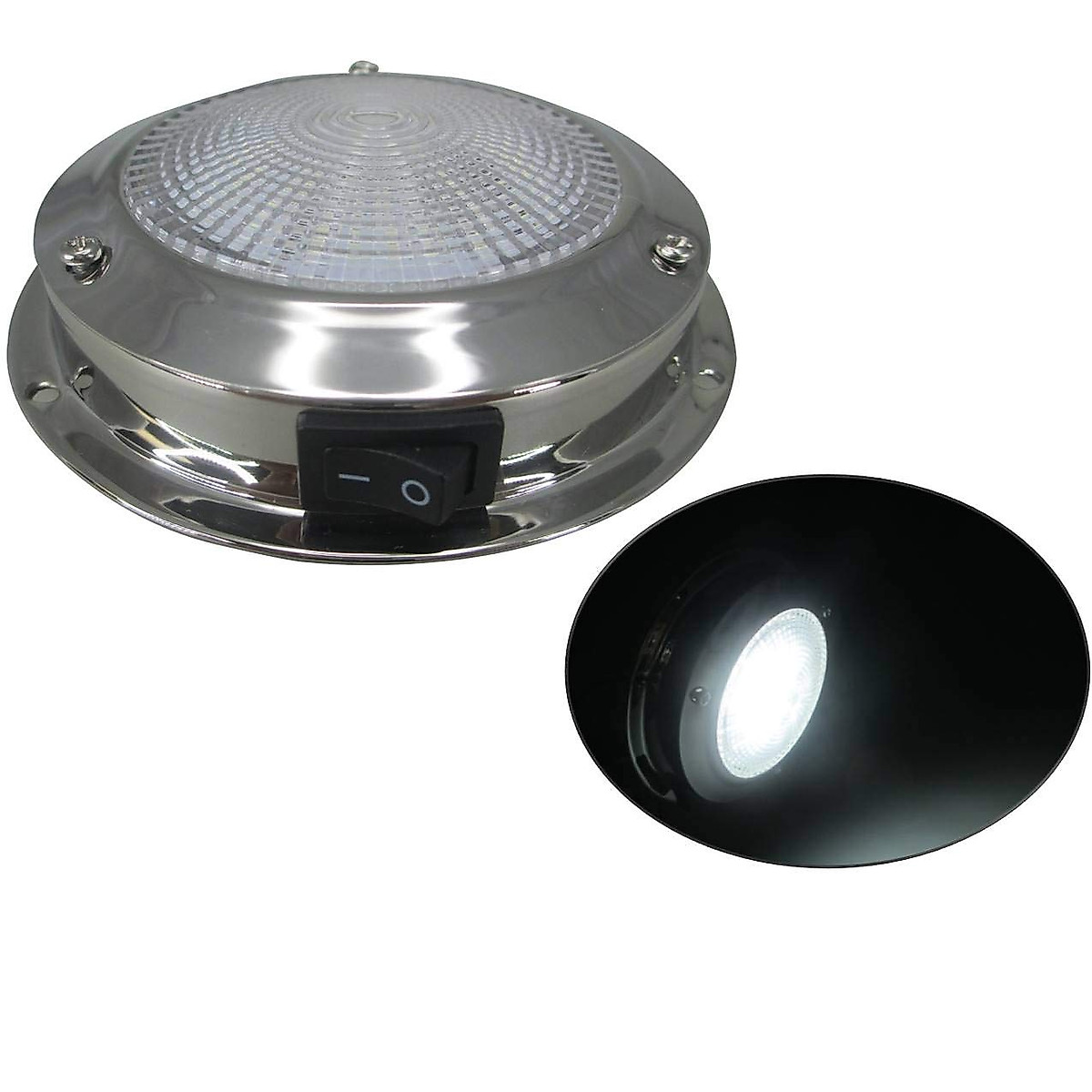 Pactrade Marine Dome Light 12V - 3-Inch Lens, Cool White LED | Stainless Steel Boat Light with Built-In Rocker Switch, Surface Mount | RV, Trailer, Boat Interior Lights, Marine Lights