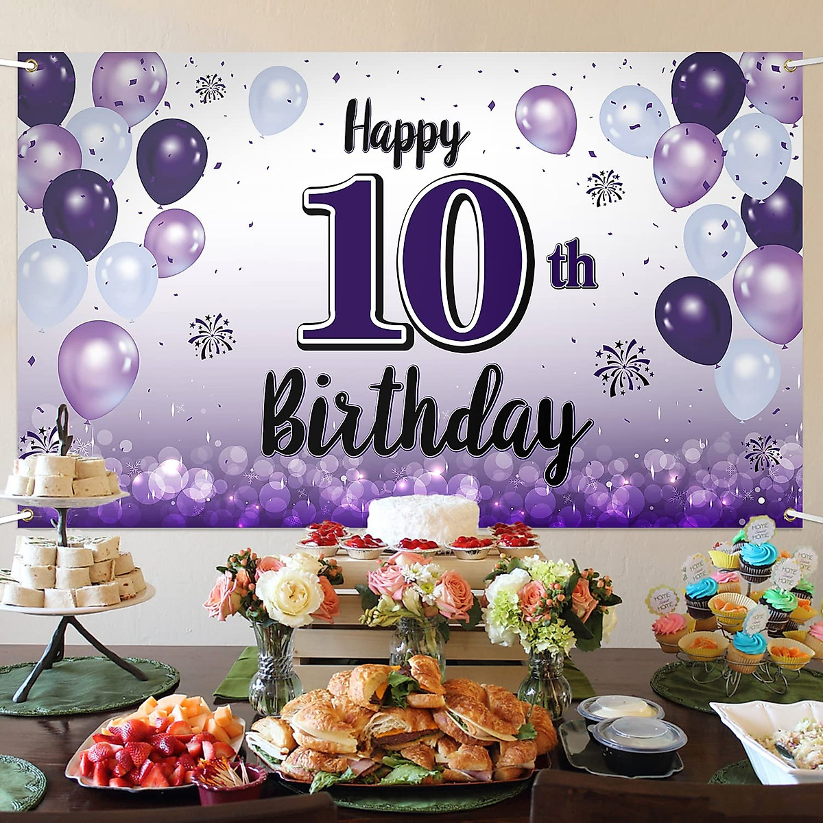 LASKYER Happy 10th Birthday Purple Large Banner - Cheers to Ten Years Old Birthday Home Wall Photoprop Backdrop,10th Birthday Party Decorations.