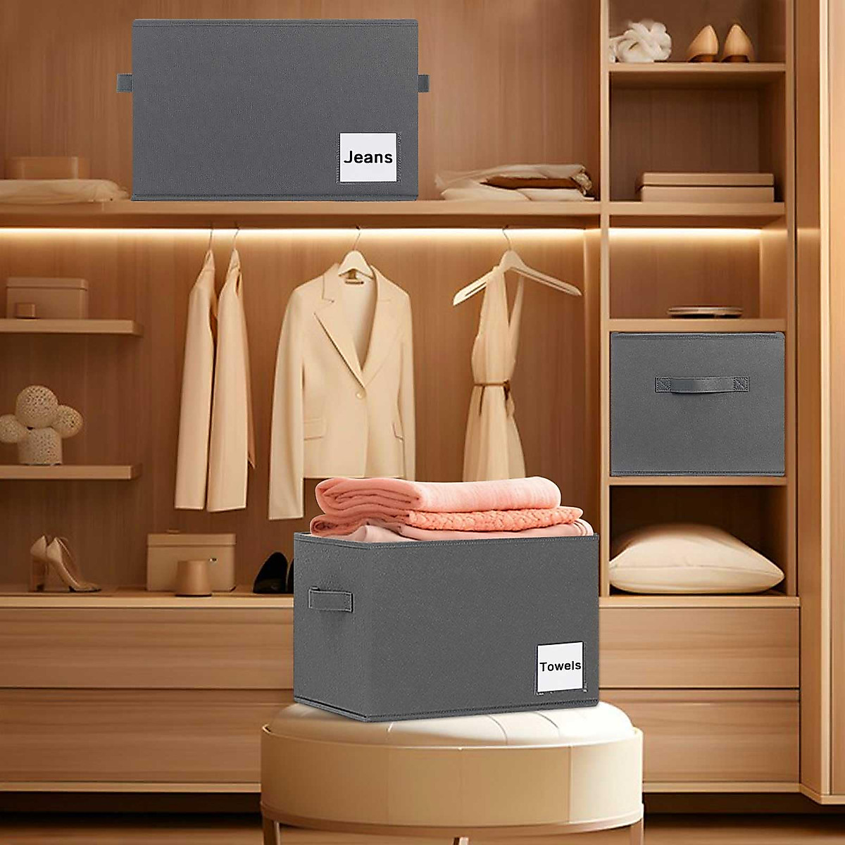 ASXSONN Large Fabric Storage Bins 3 Pack, Collapsible Closet Storage Bins for Shelves with Label, 15x11in Storage Baskets for Shelves, Fabric Closet Organizers and Storage Bins with Handles (Grey)