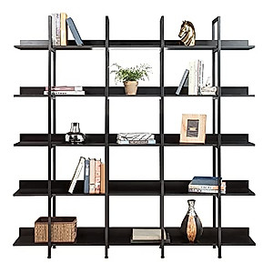 KIVENJAJA Triple Wide 5-Tier Bookshelf, Industrial Display Bookcase with Metal Frame, Tall Open Storage Book Shelves for Bedroom, Living Room, Home Office (Black)