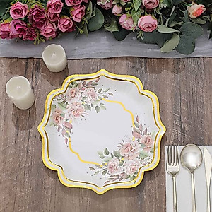 Tableclothsfactory 25 Pack | White/Gold Floral 10" Scallop Rim Dinner Party Paper Plates, Disposable Plates - 300 GSM