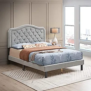 Prohon Queen Platform Bed with Tufted Trim Headboard, Upholstered Bed Frame Curved Bedframes for Kids, Teen & Adults, No Box Spring Needed, 83.8"L x 69.29"W x 42.5"H, Grey