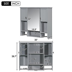 Merax Bathroom Medicine Cabinet with Mirror, Wall Mounted Bathroom Storage Cabinet with Mirror Door & Open Shelf, Over The Toilet Space Saver Storage Cabinet with Towel Rack (Grey Medicine Cabinet)