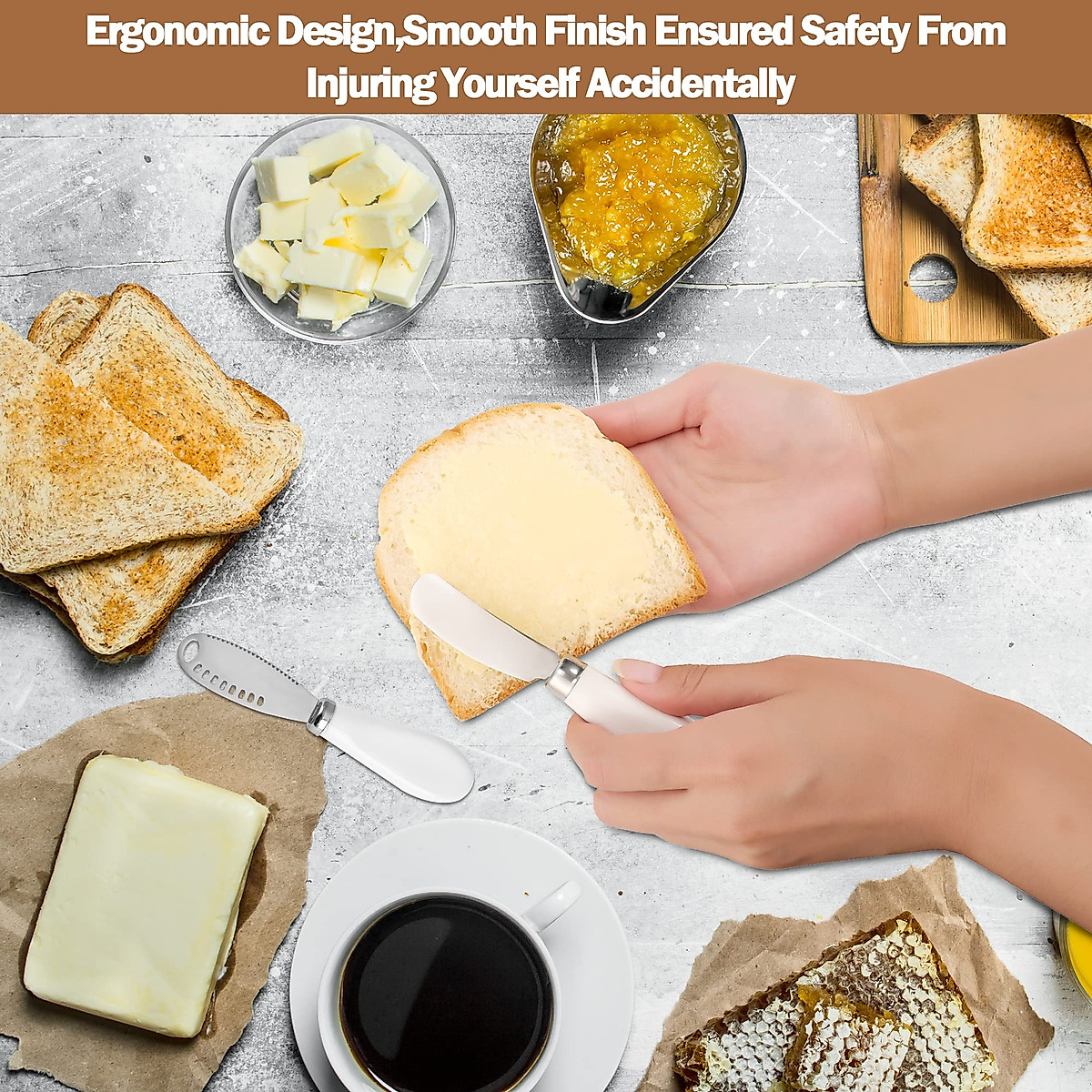 2 Pack Stainless Steel butter Spreader Knife with White Porcelain Handle, 3-in-1 Kitchen Gadgets,5.11 Inch. Butter Spreader for Bread Smear Butter, Jam, Peanut Butter (Butter Knief)