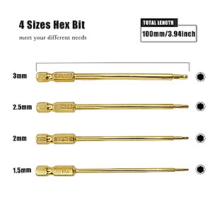 HOPLEX RC Hex Bit Set 1.5 2.0 2.5 3.0mm Hex Head Allen Wrench S2 Steel Titanium Hexagon Screwdriver Tool Kit 1/4" Hex Shank 3.9" Long for Bit Electric Screwgun/Power Drill RC Repair Working