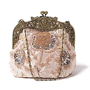 ilishop Women's Antique Beaded Party Clutch Vintage Rose Purse Evening Handbag (Champagne)