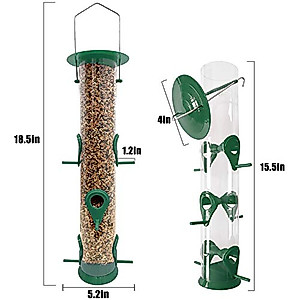 MIXXIDEA Bird Feeder Tube Hanging Feeders, 6 Port Wild Bird Feeders Premium Hard Plastic with Steel Hanger Weatherproof and Water Resistant Great for Attracting Birds 18.2 Inches Large (Dark Green)